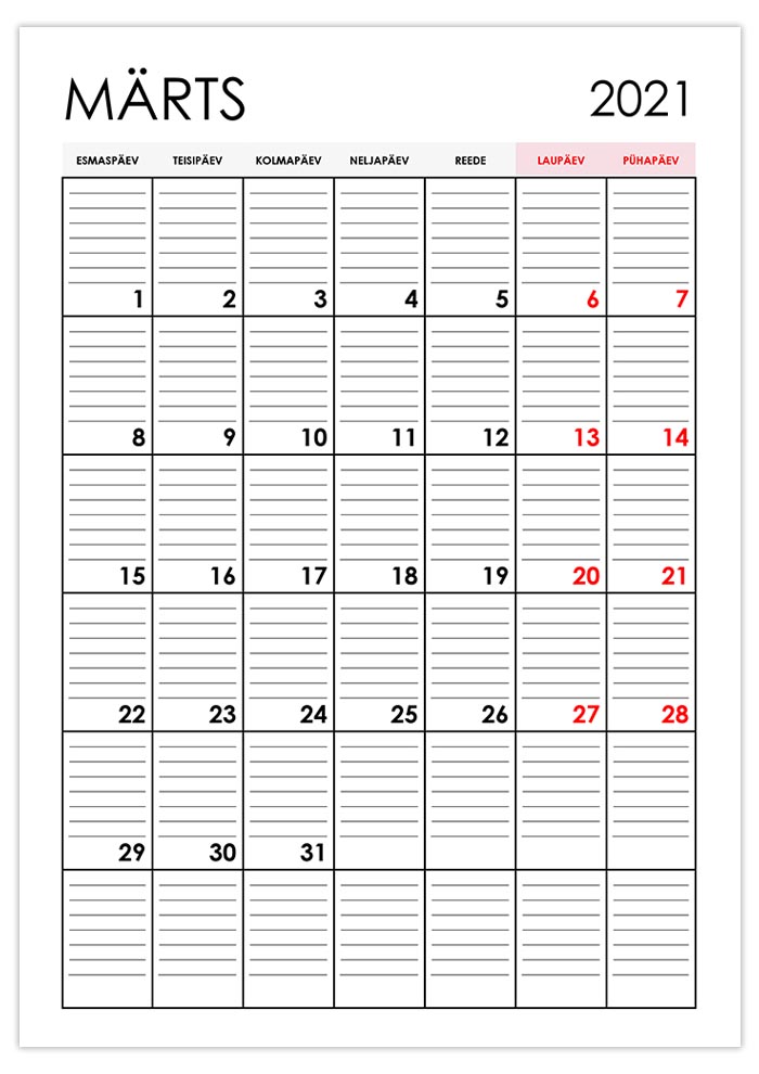 Kalender märts 2021 – kalendrid.su
